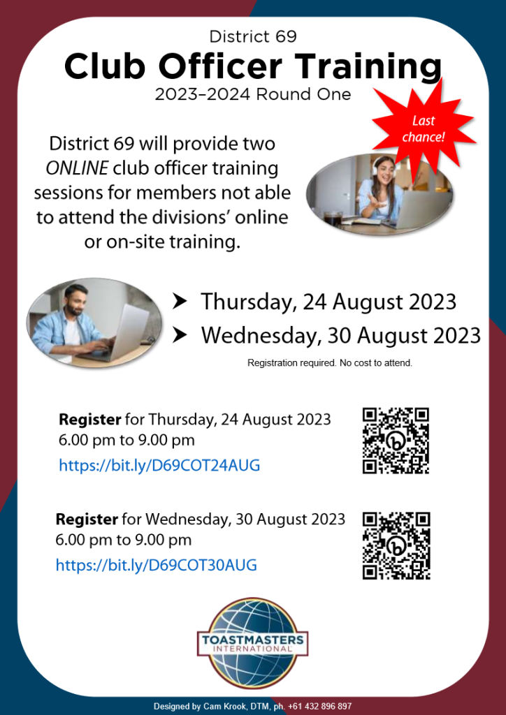 Club Officer Training (Online) - Toastmasters District 69